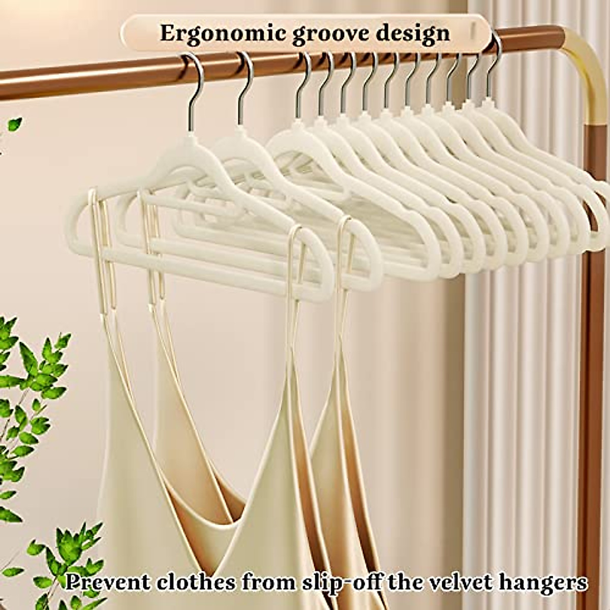 Velvet Clothing Hangers Slim Stackable Non-Slip Beige Suit Hanger Space Saving Clothes Hanger Heavy Duty Adult Hangers with 360°Swivel Hook