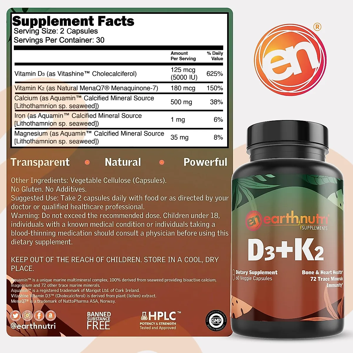 EarthNutri Vitamin D3 K2 Supplement 5000 IU – Includes K2 from MENA Q7, D3 from Vitashine, Calcium from Aquamin & 72 Trace Minerals – for Immune, Bone & Heart Health – Non-GMO – 60 Veg Capsules