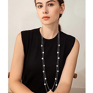 Silver Layered Long Necklace for Women Pearl Crystal Sweater Strand Chain Necklaces Fashion Gifts(White)