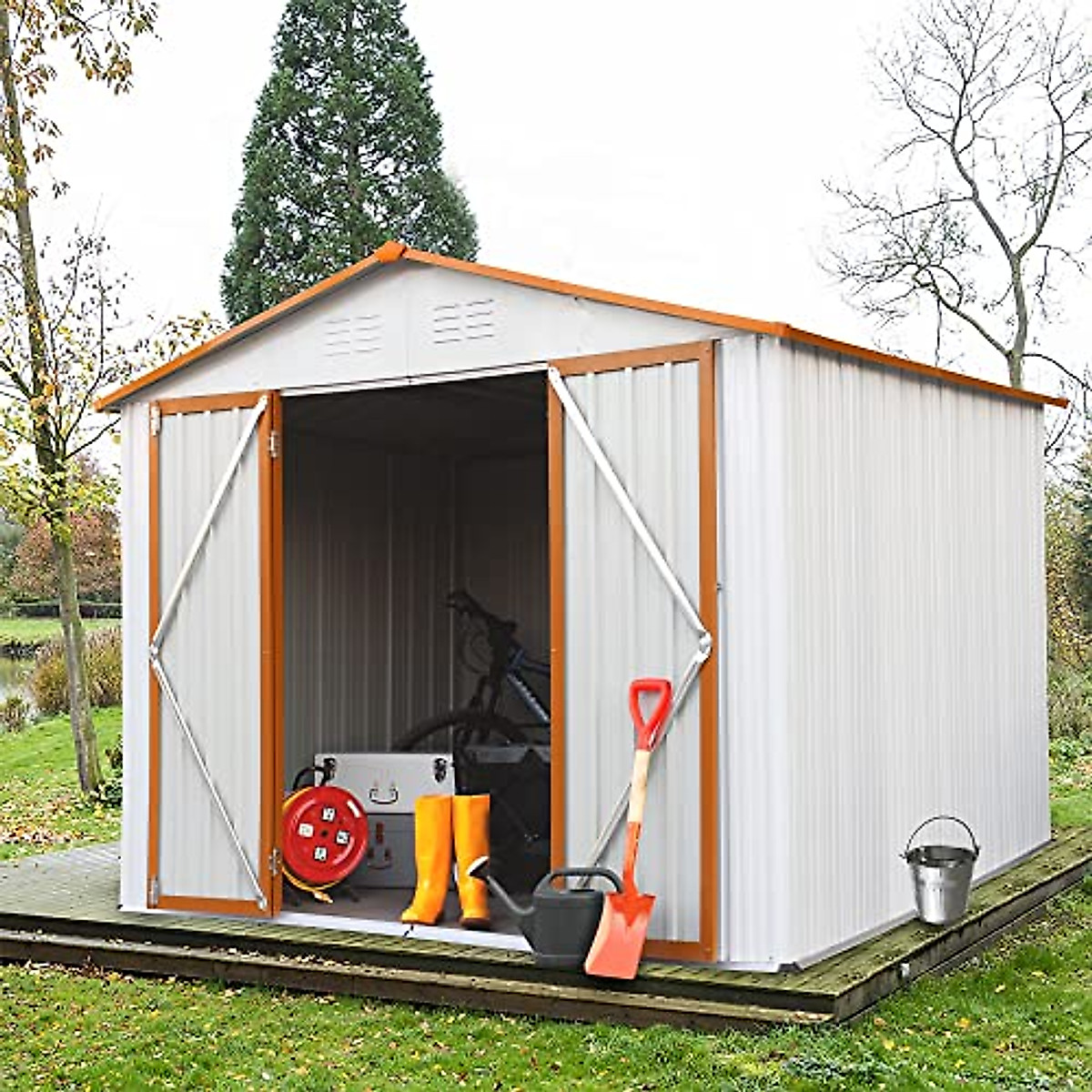 OUYESSIR 8 x 6 Ft Outdoor Storage Shed, Garden Shed with Padlock, Punched Vents and Waterproof Tool Storage Shed for Courtyard, Lawn, Backyard (8 x 6 Ft, White)