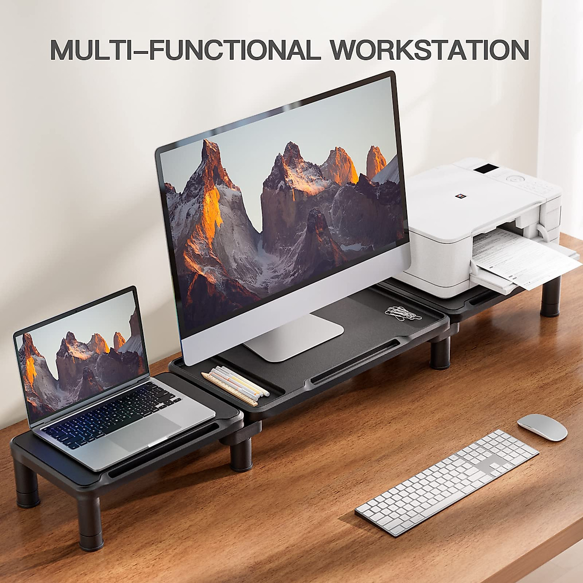 AMERIERGO Triple Monitor Stand, Dual Monitor Stand with Angle Adjustable, Dual Monitor Riser with 3 Slots for Tablet & Cellphone, Desktop Computer Stand for Monitor/Laptop/Printers/PC