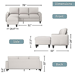 Lonkwa Convertible Sectional Sofa Couches L-Shaped Couch with Storage Ottoman, Beige Couches for Living Room, 3-Seat Sectional Sofas for Living Room/Bedroom/Office/Small Space