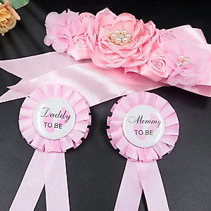 Pink Baby Shower Sash and Pin, Maternity Sash and Mommy Daddy Corsage Set Girl, Pearls Flowers Pregnant Sash Belt, Mom and Dad to be Badge Tinplate for Gender Reveal Party