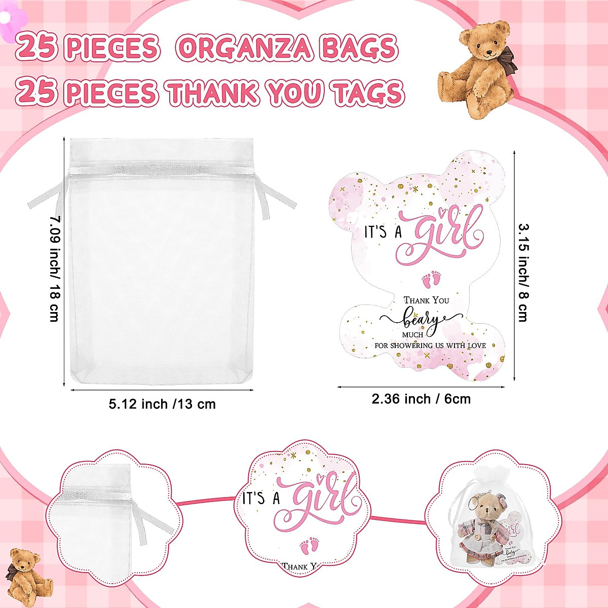 Poen 25 Sets Bear Baby Shower Favor for Guest 25 Stuffed Plush Mini Bears Plaid Tiny Stuffed Bear 25 Thank You Cards and Organza Bag for Gender Reveal Guest Gifts (Girl)
