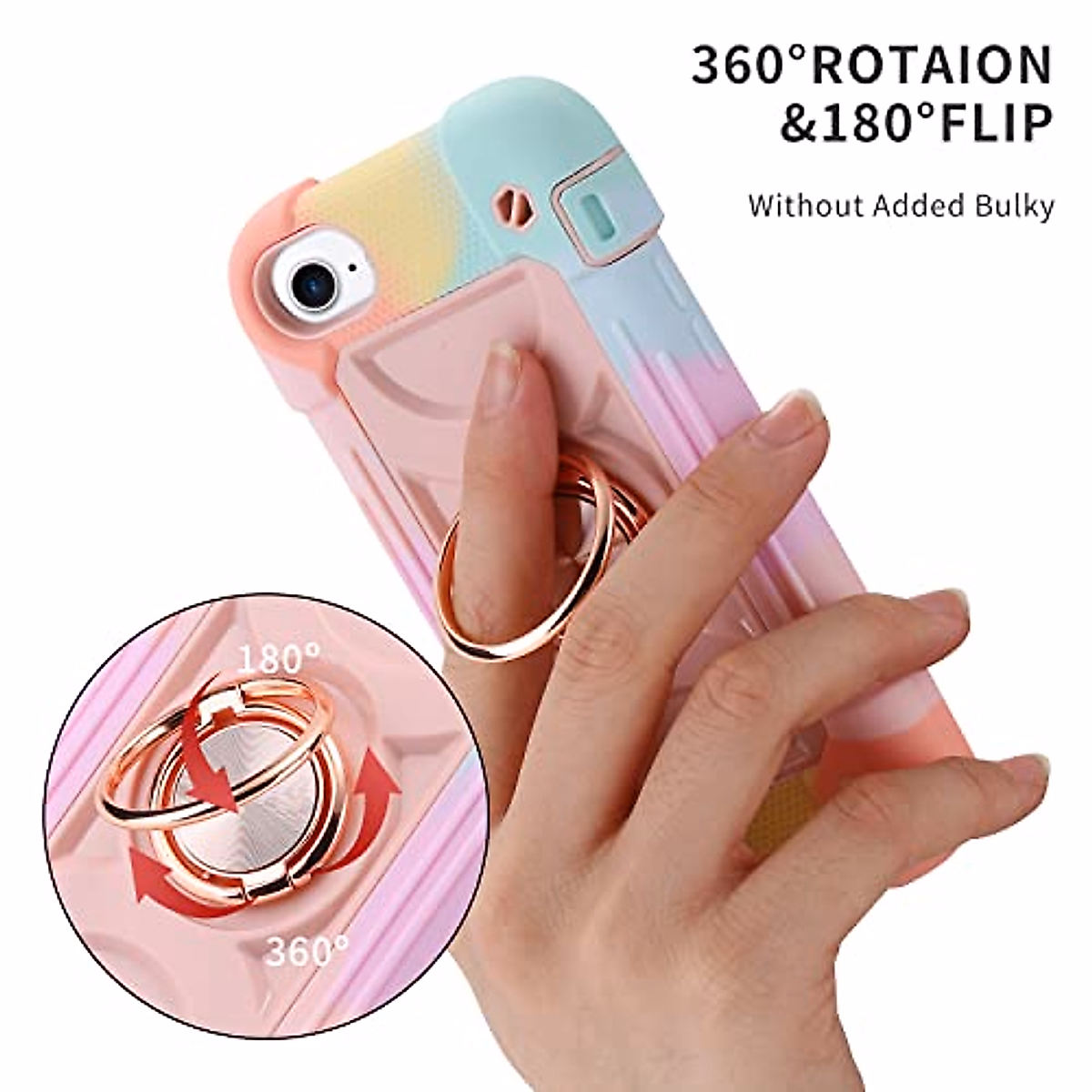 Cookiver iPhone SE3/SE2/6/6S/7/8 4.7" Heavy-Duty Military Grade Rugged Case with Ring Stand & 2 Screen Protectors (Rainbow Pink)