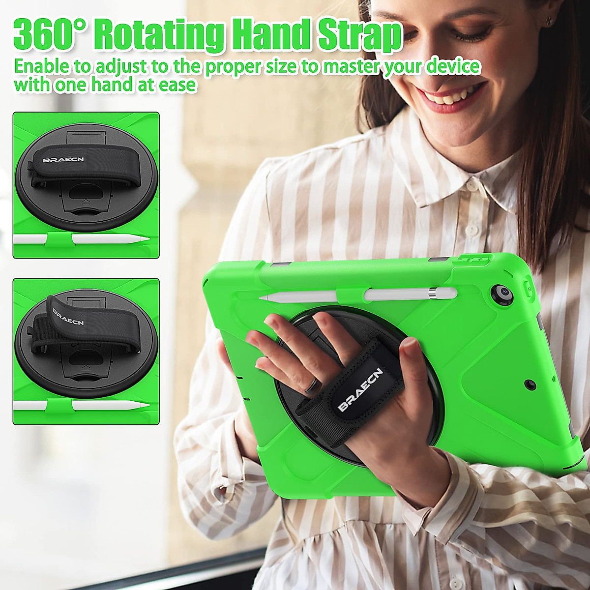 BRAECNstock for Apple iPad 9th 8th 7th Generation Case 2021 2020 2019 Shockproof iPad 10.2 Case Cover with Screen Protector Pen Holder Rotating Stand+Hand Strap Kids Case for iPad 9th 8th Gen - Green