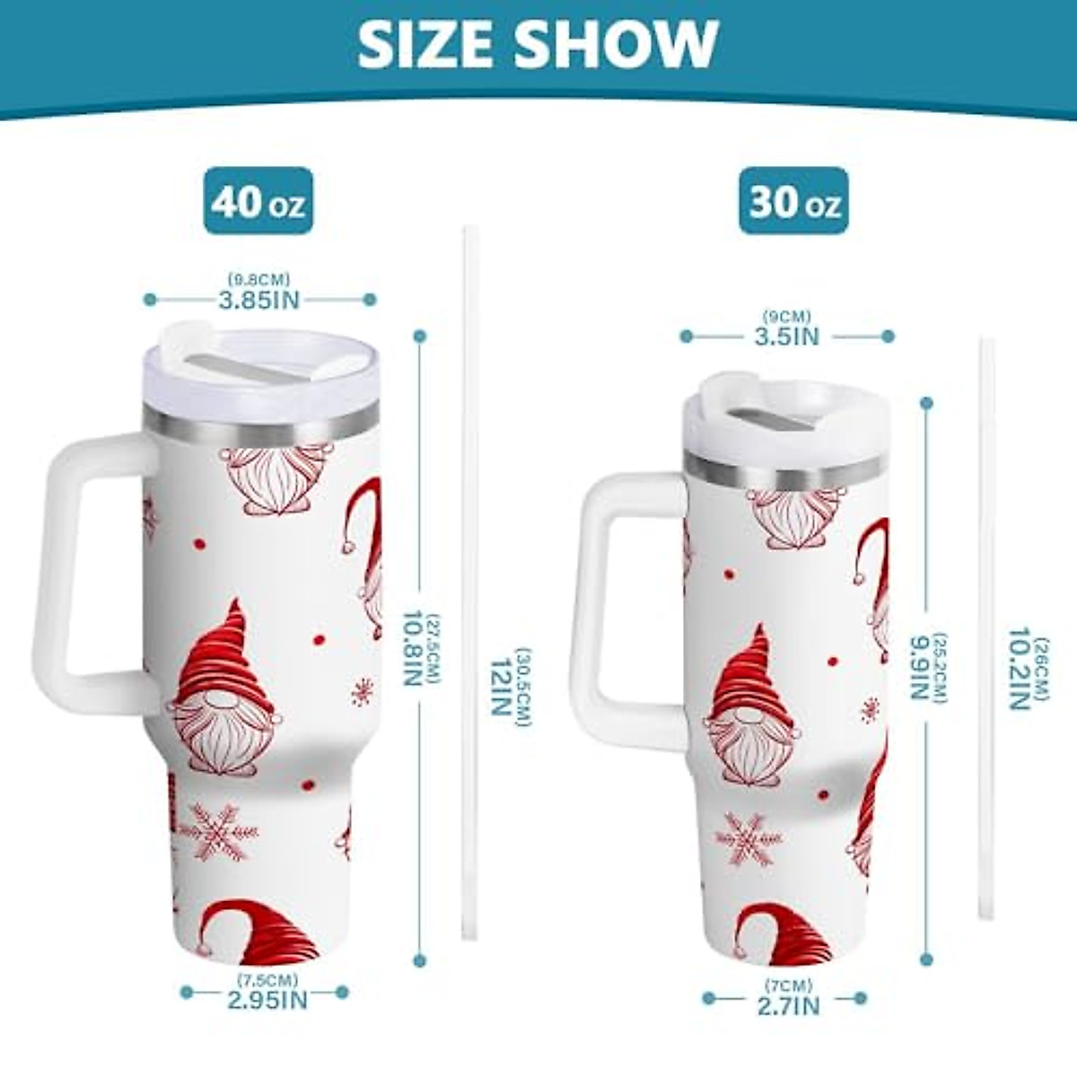 RPLIFE Christmas Gnomes White Tumbler with Handle and Straw, Stainless Water Bottle, Coffee Cups with Lids Reusable