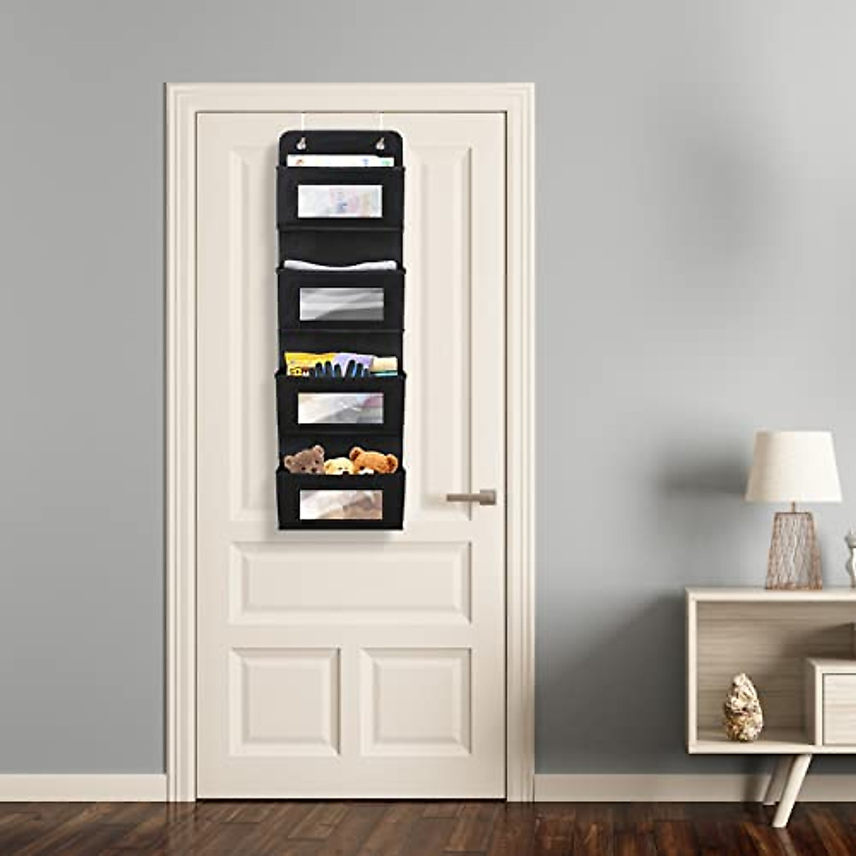 FYY Over the Door Organizer, 4-Shelf Wall Mount Hanging Pantry Storage Pocket with Clear Window for Bedroom Bathroom Kitchen Nursery Closet Dorm Storage Cosmetics, Stationery, Sundries, Toys Black