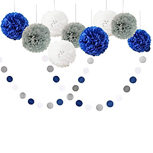 InBy 26pcs Tissue Paper Flower Pom Poms Party Decorations Kit Navy Blue Grey White Tassel Garland for Wedding First Birthday Bridal Baby Shower Graduation Bachelorette Party Supplies (12" 10" 8")