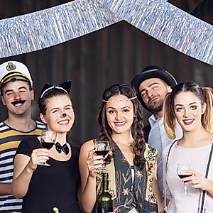 YUKL Laser Silver Christmas Decorations Tinsel Garland Parade Float Decorations for Trailer 4Pack 12FT Christmas Party Decor Ceiling Fringe Banner Silver Backdrop for Streamers Party Decorations