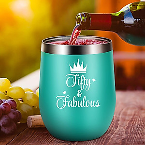 50th Birthday Gifts For Women - 1973 50th Birthday Decorations For Women - Birthday Gifts For 50 Year Old Woman - Green 60 & Fabulous 12 oz Wine Tumbler Gift for Her, Wife, Mom, Sister, Friend