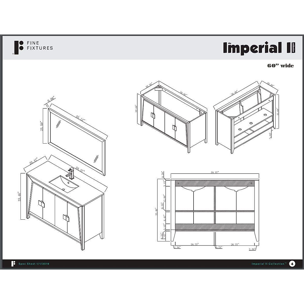 Fine Fixtures Imperial Collection 60" Double Bathroom Vanity Cabinet Set, White Ashtree