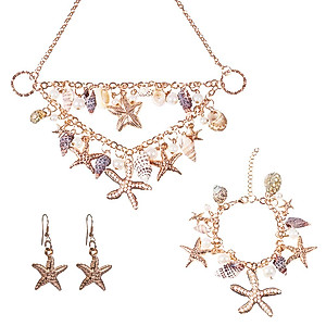 PH PandaHall 3 in 1 Mermaid Jewelry Set Sea Shell Starfish Jewelry Pearl Bib Statement Chunky Mermaid Tail Necklace Bracelets Shell Earrings Summer Mermaid Costume Jewelry for Women Valentine (Gold)