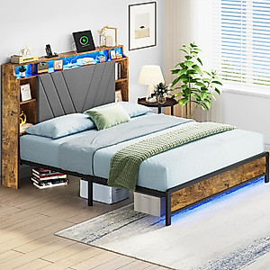 YITAHOME Queen Bed Frame with Storage Headboard, Platform Upholstered Bed with LED Lights & Charging Station, No Box Spring Needed - Brown
