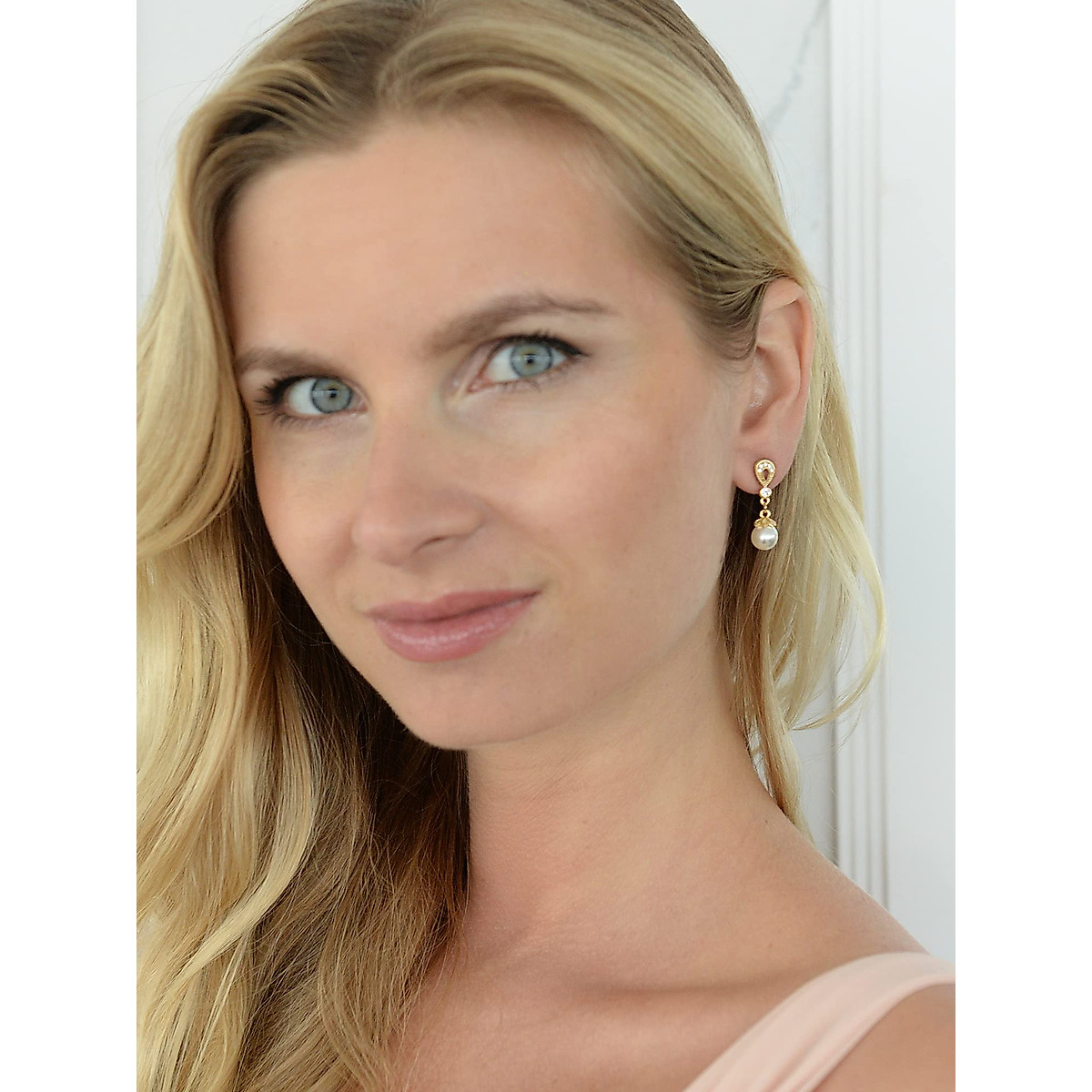 Mariell Clip On Gold Wedding Earrings for Brides, Round Pearl Drop Clip-On CZ Bridal Earring for Women