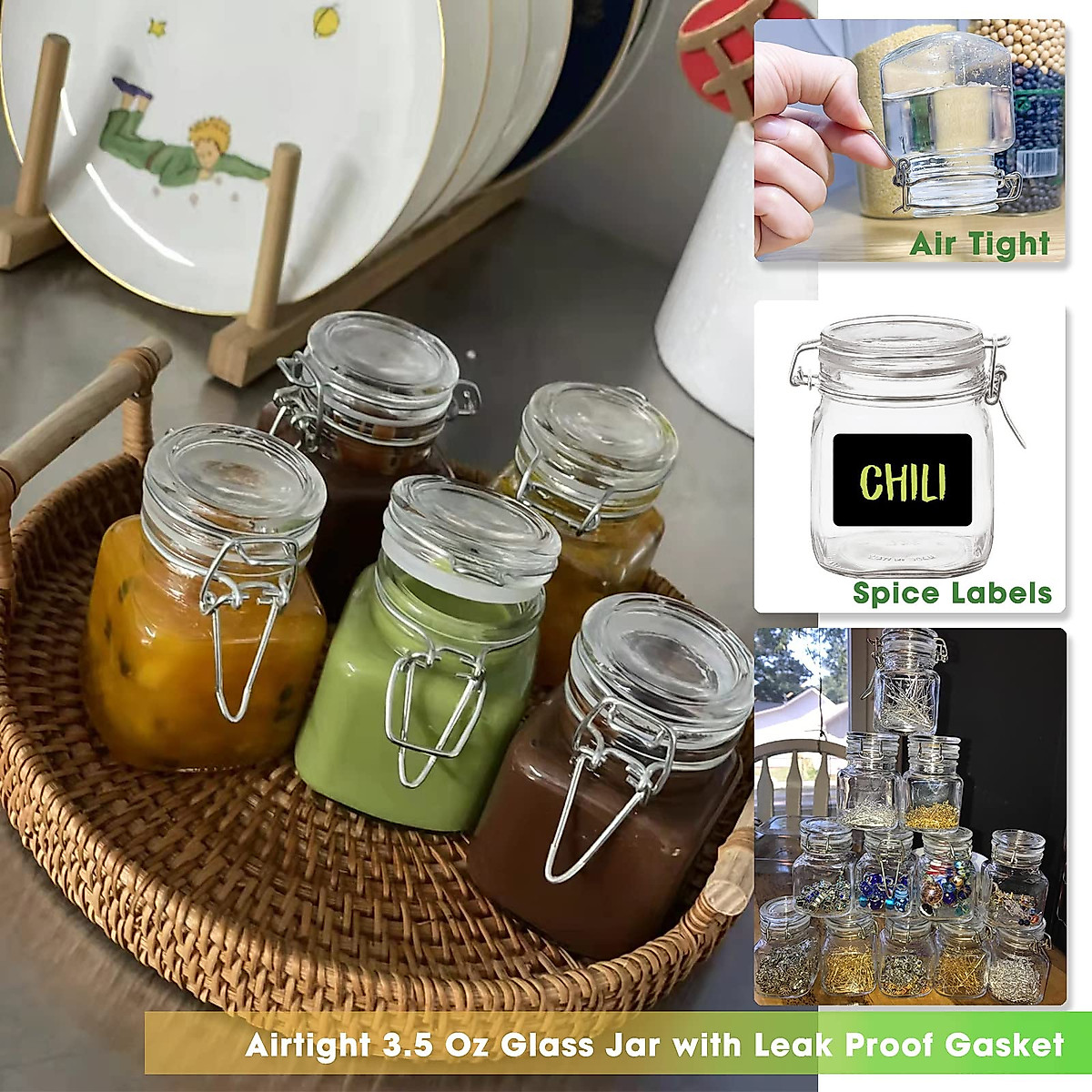 TIYOORTA Square Apothecary Glass jar with locking lid clamp closure - 3.5oz Spice Jars with Leak Proof Rubber Gasket - For Honey, Jams, Bean, Handicraft, Tag Included(20PCS)