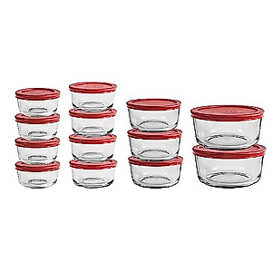 Anchor Hocking 26 Piece Glass Storage Containers with Lids (13 Glass Food Storage Containers & 13 Red SnugFit Lids)