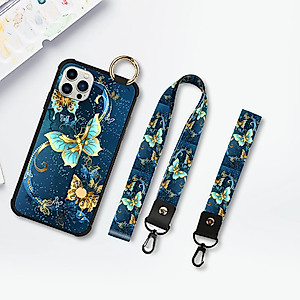 KANGHAR Compatible with iPhone 13 PRO MAX Case Blue Butterfly Shell Wrist Strap Lanyard Cover for iPhone 13 PRO MAX 6.7 INCH 2021 5G
