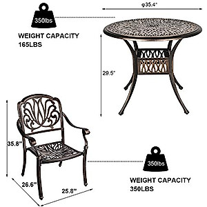 Grepatio 3 Piece All Weather Cast Aluminum Dining Set - 2 Elizabeth Chairs and 35.4" Bistro Table with Umbrella Hole -Outdoor Furniture Dining Set for Patio