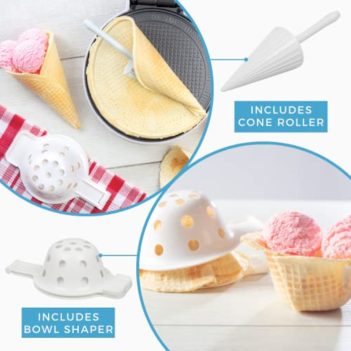 Waffle Cone and Bowl Maker- Includes Shaper Roller and Bowl Press- Homemade Ice Cream Cone Iron Machine - Electric Nonstick Waffler Iron, Unique Birthday Treat, Gift Giving or Entertaining Holiday Fun