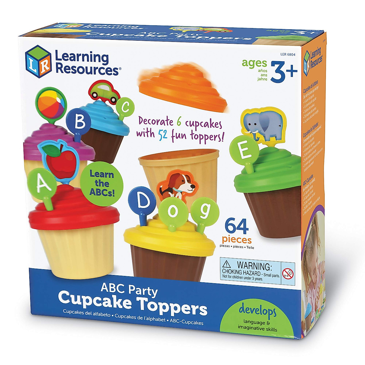 Learning Resources ABC Cupcake Party Toppers, Develops Language Skills, Early Alphabet Learning, Pretend Play Food, Vocabulary Toy, 64 pieces, Ages 3+