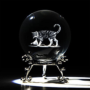 HDCRYSTALGIFTS 3D Crystal Ball with Silver-Plated Flowering Stand 2.4inch Laser Engraved Crystal Decorative Ball Glass Sphere for Home Decor Gift (Cat and String)