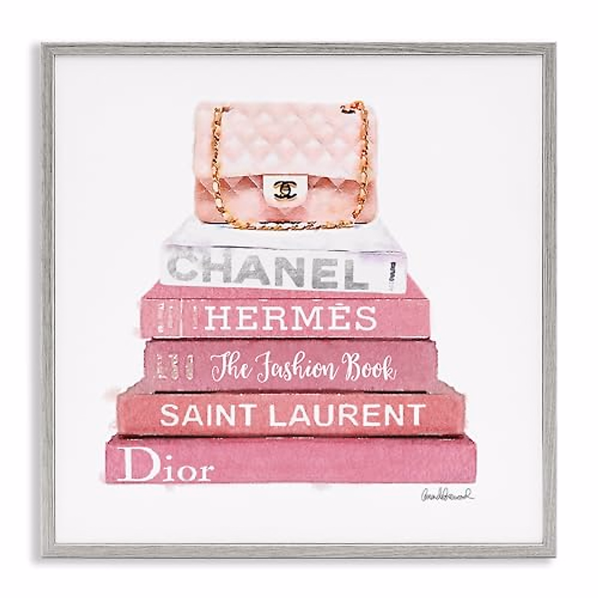Stupell Industries Pink Book Stack Fashion Handbag, Design by Amanda Greenwood Gray Framed Wall Art, 12 x 12