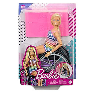 Barbie Fashionistas Doll #194 with Wheelchair and Ramp, Straight Blonde Hair and Rainbow Romper with Accessories