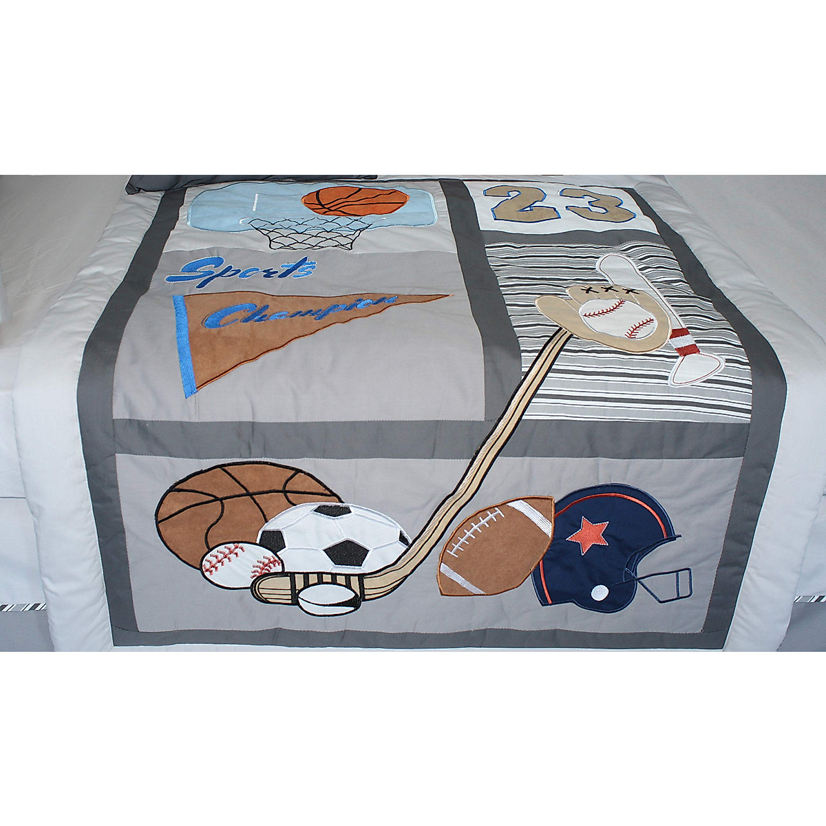 BabyFad Sports Champion Grey Nursery Basketball/Baseball/Football/Hockey/Soccer with Musical Mobile 9 Piece Baby Crib Bedding Set 100% Cotton