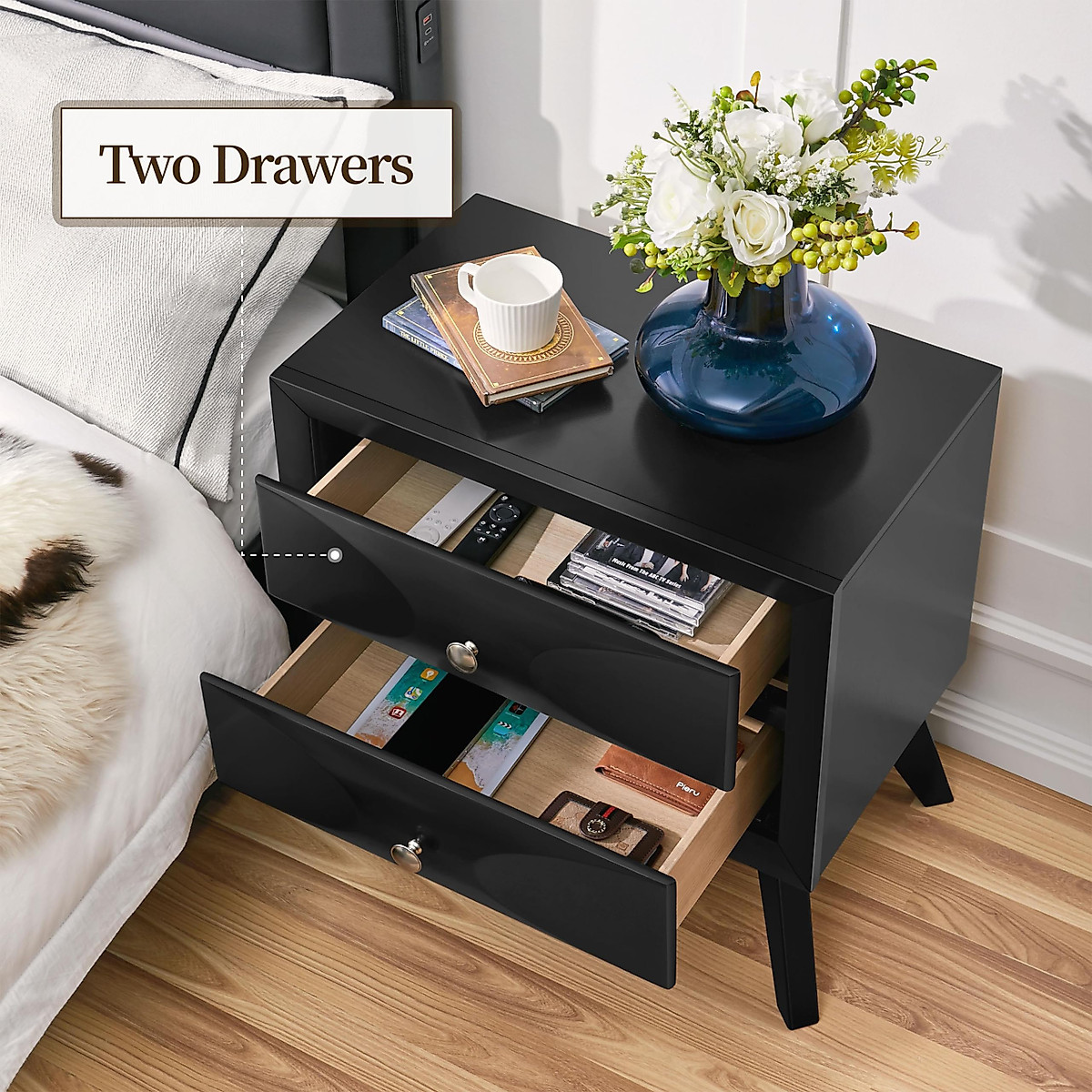 Yaheetech Nightstands Set of 2, Almost Fully-Assembled Nightstands with 2 Drawers and Solid Wood Legs, Large Bedside Tables with Storage, Modern Side Tables for Bedroom, 24.5″L×15″W×23.5″H, Black