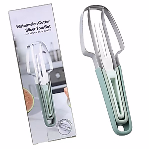Drowsyme 3-in-1 Watermelon Fork Slicer Cutter, 2024 New Stainless Steel Watermelon Windmill Cutter, Summer Watermelon Cutting Tool Fork Slicer Knife Set for Kitchen, Camping, picnicking (Green)