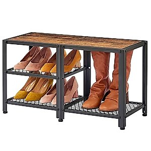 Hoctieon 3-Tier Shoe Bench, Shoe Rack for Entryway, Metal Mesh Shoe Organizer with Bench, Small Shoe Storage Rack for Boots, Multifunctional Shoe Organizer for Closet, Rustic Brown & Black