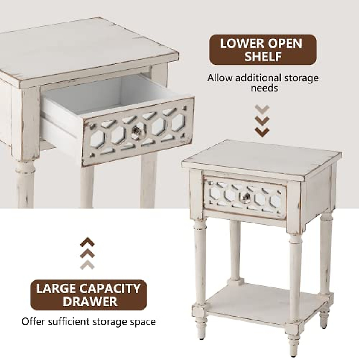 COSIEST End Table Sets of 2, Small Vintage Nightstand, Farmhouse Accent Table, Wood Grain Bedside Table with Mirrored Drawer and Open Display Shelf for Bedroom, Living Room, White