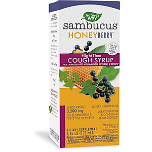 Nature's Way Sambucus HoneyBerry NightTime Cough Syrup for Kids, Soothes Occasional Cough Due to Horseness, Dry Throat & Irritants and Melatonin for Occasional Sleeplessness*, 4 Fl Oz.