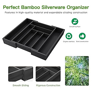 Pipishell Bamboo Expandable Drawer Organizer for Utensils Holder, Adjustable Cutlery Tray, Wood Drawer Dividers Organizer for Silverware, Flatware, Knives in Kitchen, Bedroom, Living Room(M-Black)