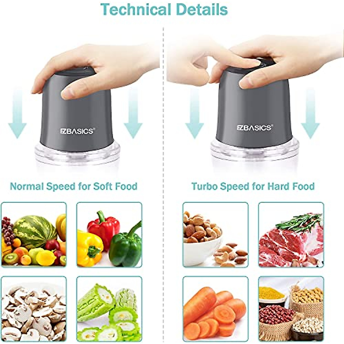 Food Processor, EZBASICS Small Food Processor for Vegetables, Meat, Fruits, Nuts, 2 Speed Mini Food Chopper With Sharp Blades, 2-Cup Capacity, Silver