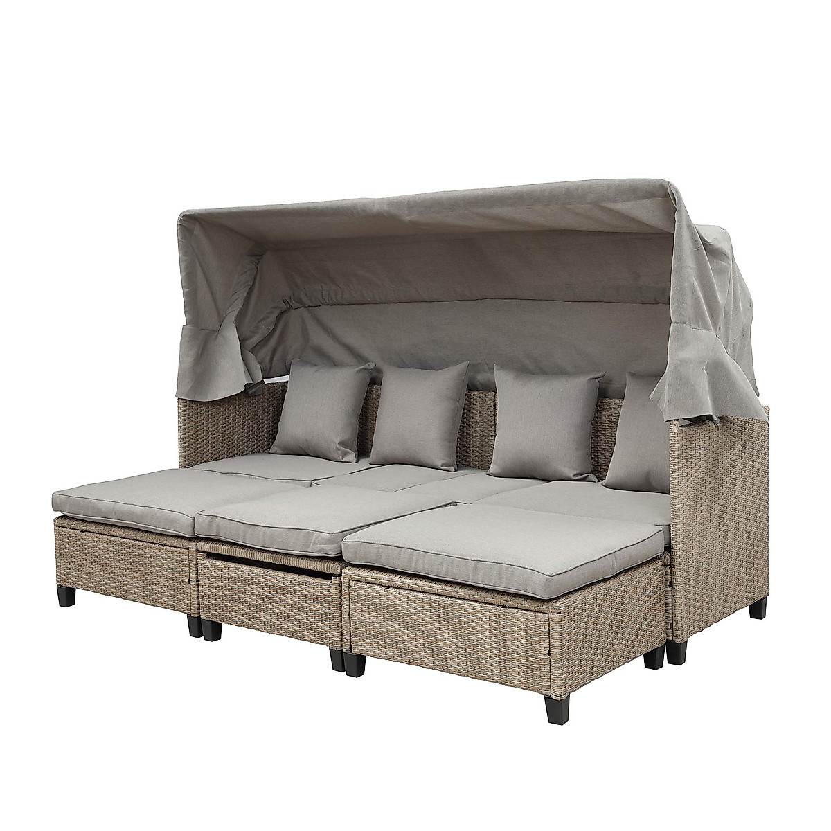 All-Weather Outdoor PE Wicker Sunbed Daybed with Retractable Canopy, UV-Resistant Patio Sectional Sofa Set with Cushions and Lifting Table for Lawn Garden Backyard Poolside