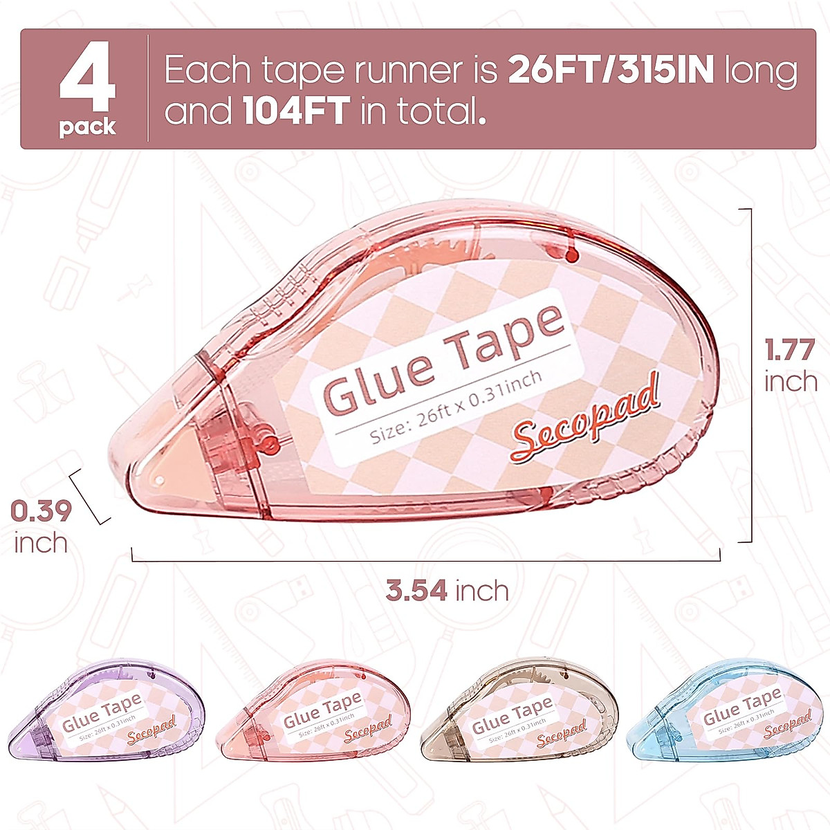 Secopad Scrapbook Tape, 4 Pack Double Sided Tape Roller for Crafts, Adhesive Tape Glue Runner Scrapbooking Supplies Journaling School Office for Kids and Adults, 0.3IN x 26FT