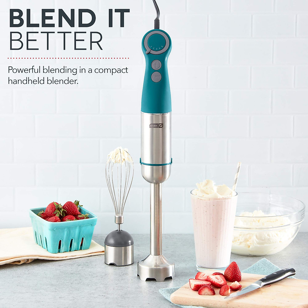 Dash Chef Series Immersion Hand Blender, 5 Speed Stick Blender with Stainless Steel Blades, Whisk Attachment and Recipe Guide – Teal