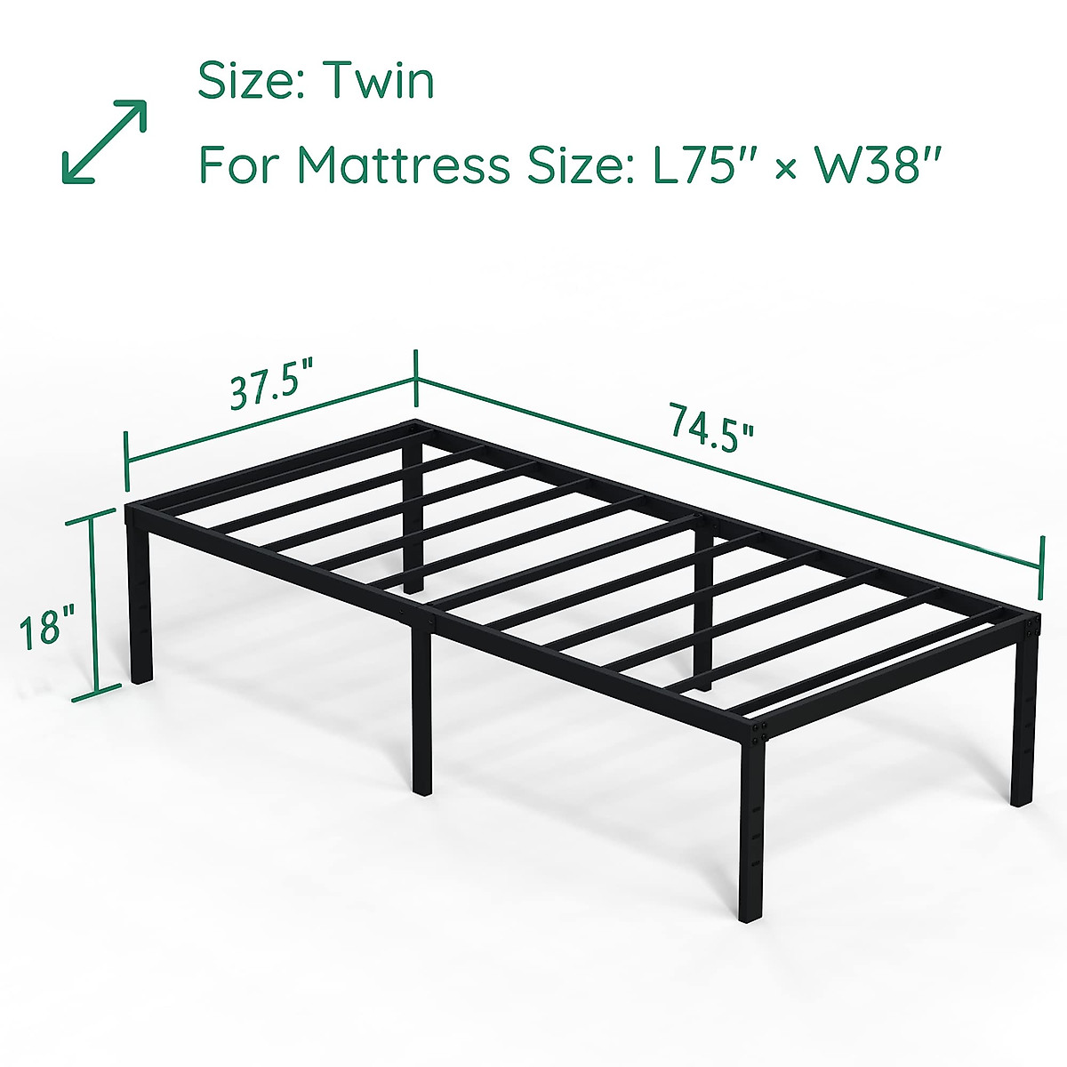 DiaOutro 18 Inch Twin Bed Frame Heavy Duty No Box Spring Needed Metal Platform with Non Slip Mattress Gaskets