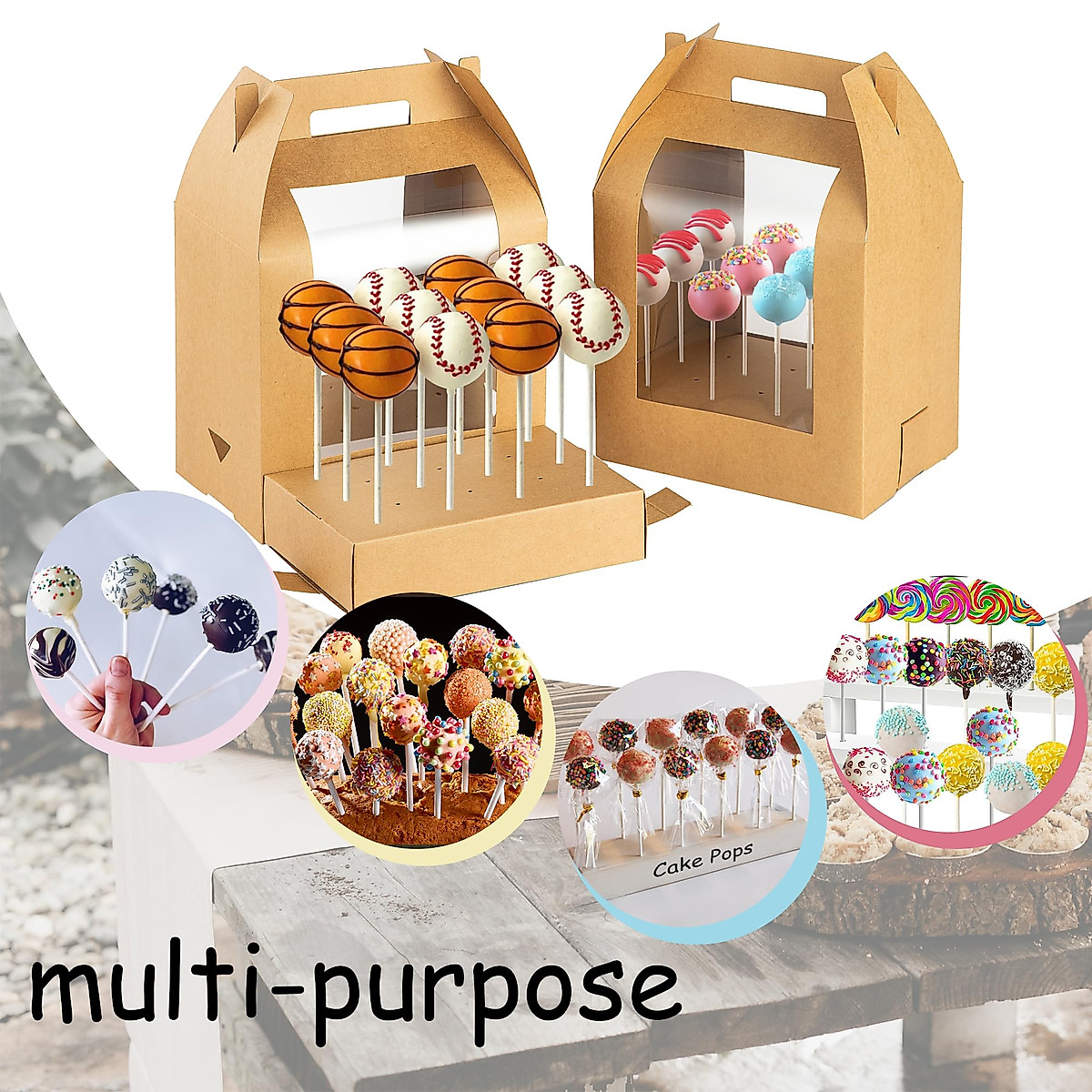 Hzzycaxli 6 Pcs Portable Cake Pop Packaging Box White Cake Pop Holder Cake Pop Stand 18 Holes 8.7 x 5.9 x 11.8 Inches with Clear Window Displaying Small Cake Box for Lollipops (Kraft paper)