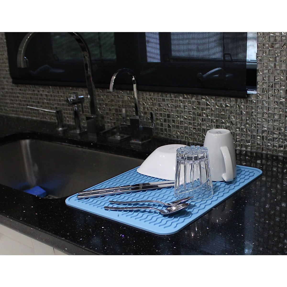 Dependable Industries Silicone Drying Mat, 16"x12" - Grooved Design, Heat-Resistant, Non-Slip, BPA-Free - For Dishes, Cutlery, Pots, Pans (Sky Blue)