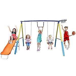 SMkidsport Swing Sets for Backyard with Slide, Basketball Hoop, Two Swing Seats and Gymnastics Rings, Playground Set for Kids Outdoor