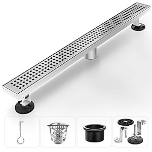 HTOH Shower Drain, Linear Shower Drain 24 Inch(Brushed Nickel),Modern 304 Stainless Steel Shower Floor Drain with Grate Removable, Adjustable Leveling Feet, Rectangular Shower Drain