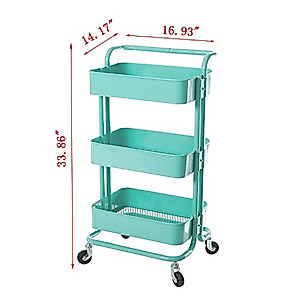 HollyHOME 3-Tier Metal Utility Service Cart Rolling Storage Shelves with Handles, Storage Utility Cart, Blue