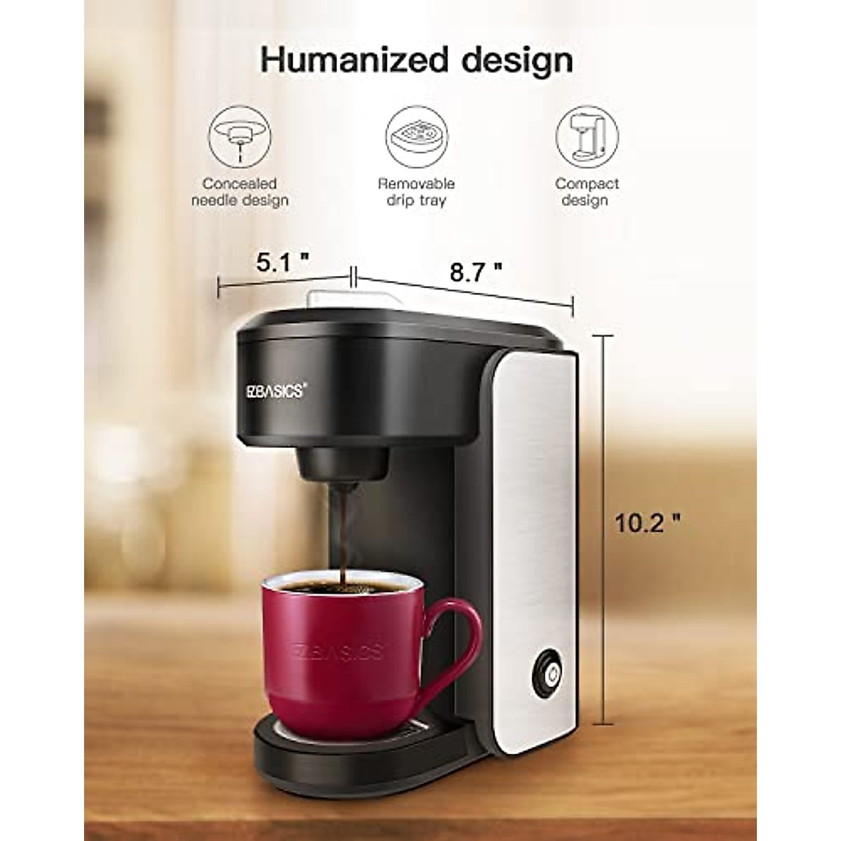 EZBASICS Single Serve Coffee Maker Coffee Brewer Compatible with Pod and Ground Coffee 4 to 10 Oz. Brew Sizes Fast Brewing Silver