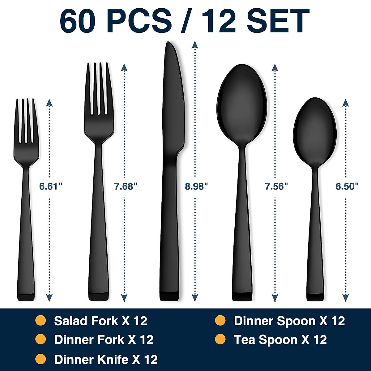 Black Silverware Set, Umite Chef 60-Piece Stainless Steel Flatware Set Cutlery Set for 12, Fork Spoon Knife Set Eating Utensils Tableware Set for Kitchens, Dishwasher Safe