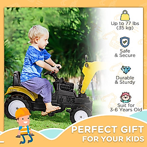 Aosom Kids Ride On Excavator, Pedal Digger, Construction Truck with Horn for Kids and Toddlers 3+, Yellow