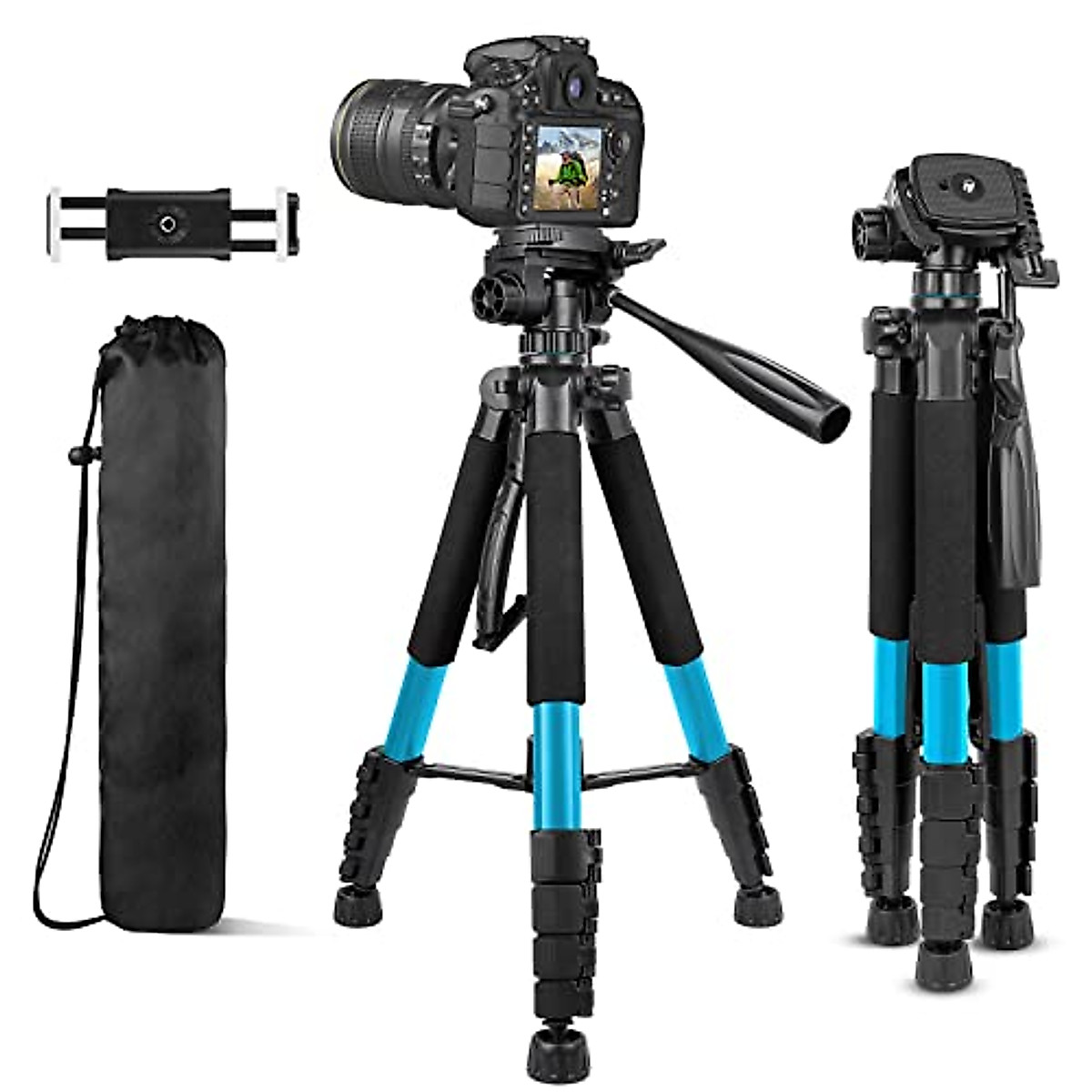 Aureday 74’’ Camera Tripod with Travel Bag,Cell Phone Tripod with Wireless Remote and Phone Holder, Compatible with DSLR Cameras,Cell Phones,Projector,Webcam,Spotting Scopes(Blue)