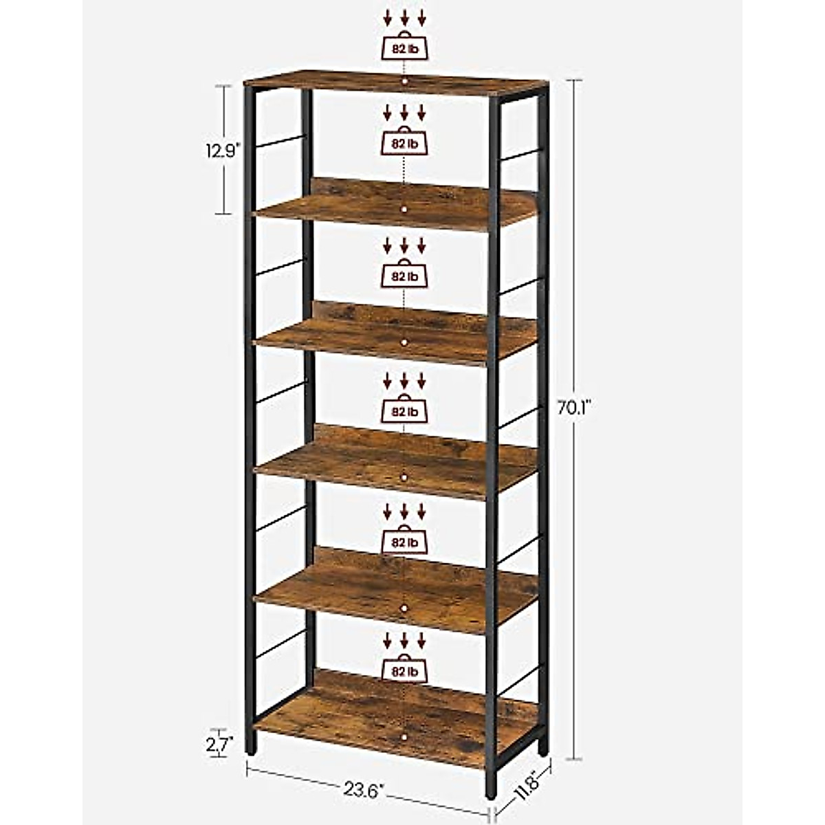 VASAGLE 6-Tier Bookshelf, Bookcase for Office, 11.8 x 23.6 x 70.1 Inches, Shelving Unit, with Back Panels, Industrial Style, for Living Room, Study, Home Office, Rustic Brown and Black ULLS118B01
